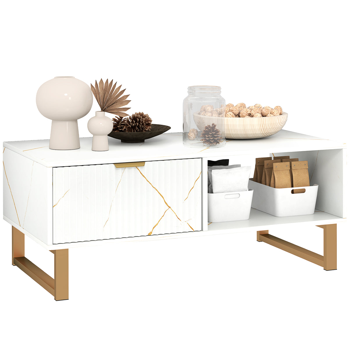 White Marble Storage Coffee Table with Gold Legs | Opal Retail