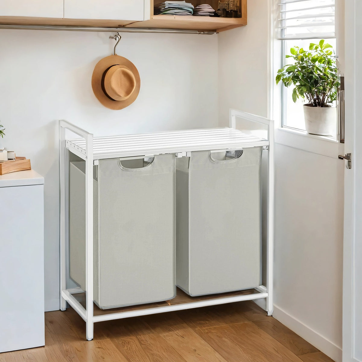 Vasagle White Double Laundry Sorter with Grey Removable Bags & Frame ...