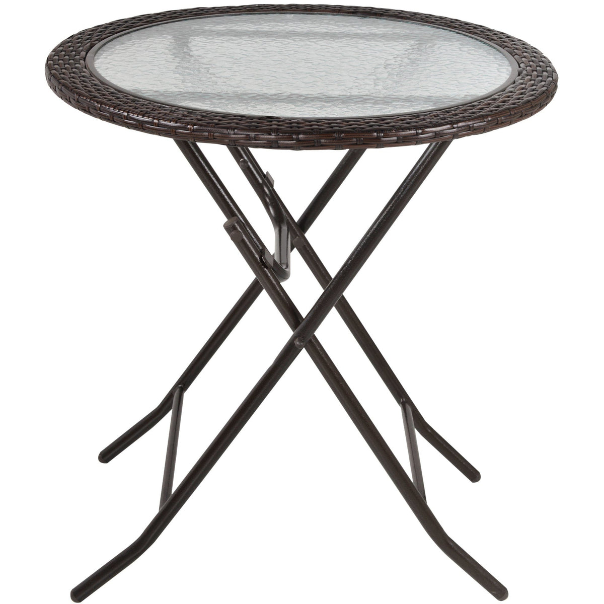 Chic Folding Round Glass Table with Rattan Edging - Brown — Opal Retail