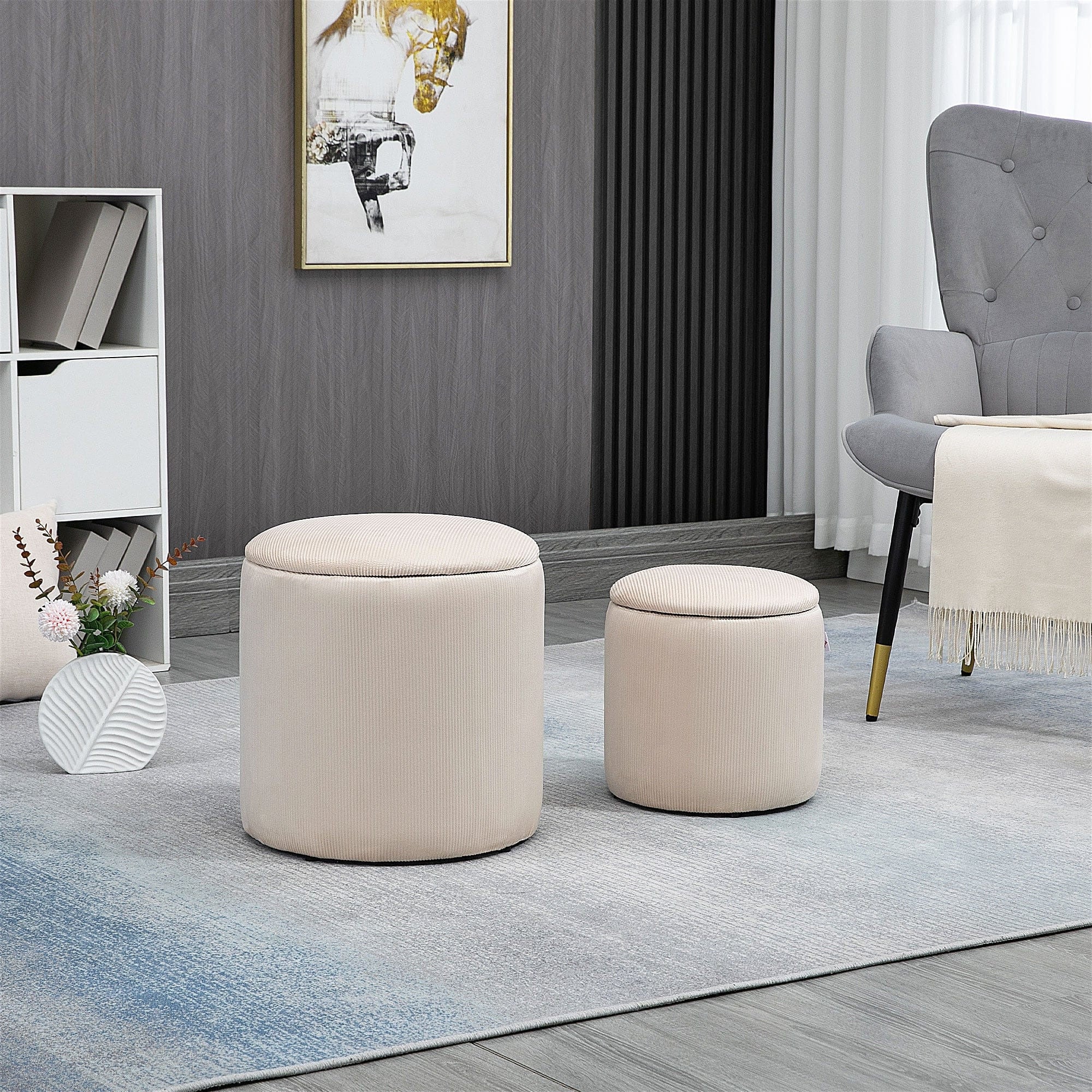 Set of 2 Storage Ottomans with Removable Lid - White Fabric — Opal Retail